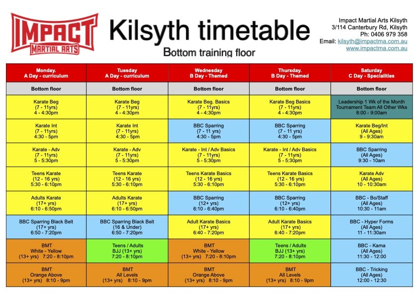 Class Timetable | Impact Martial Arts Kilsyth